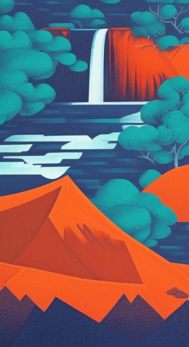 Waterfall and mountains cubist red orange woodblock print hyperdetailed ...