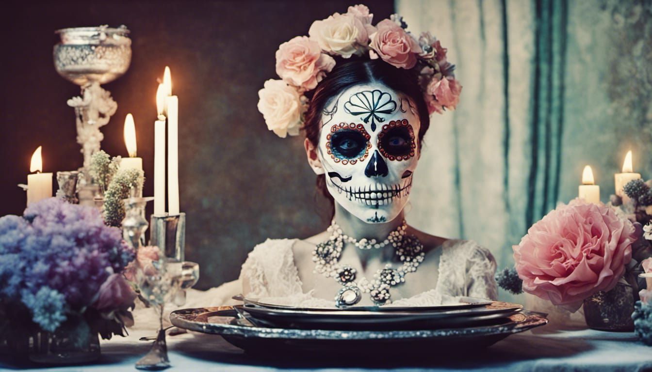 sugar skull bride with flowers, iridescent plates, and candles, in the ...