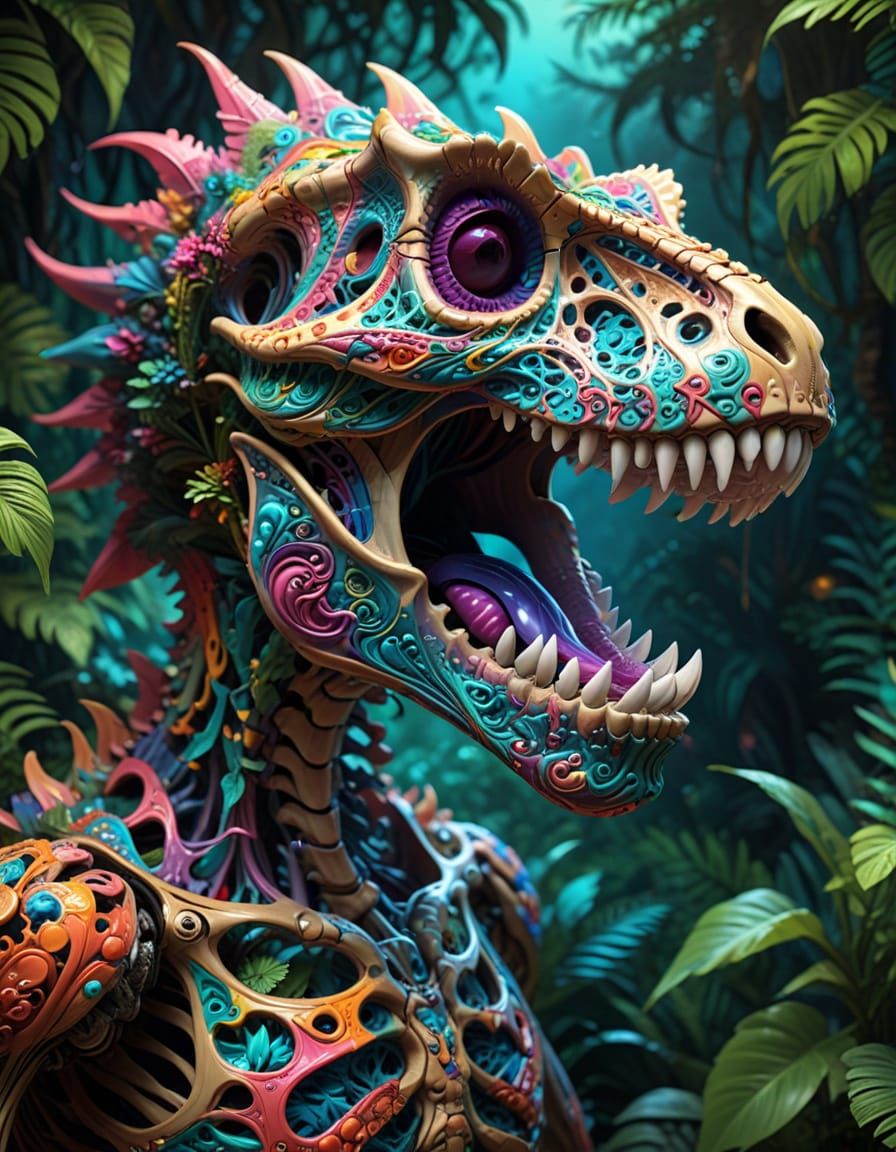 Trex skeleton chewing bubblegum. in a jungle while, abstract vector ...