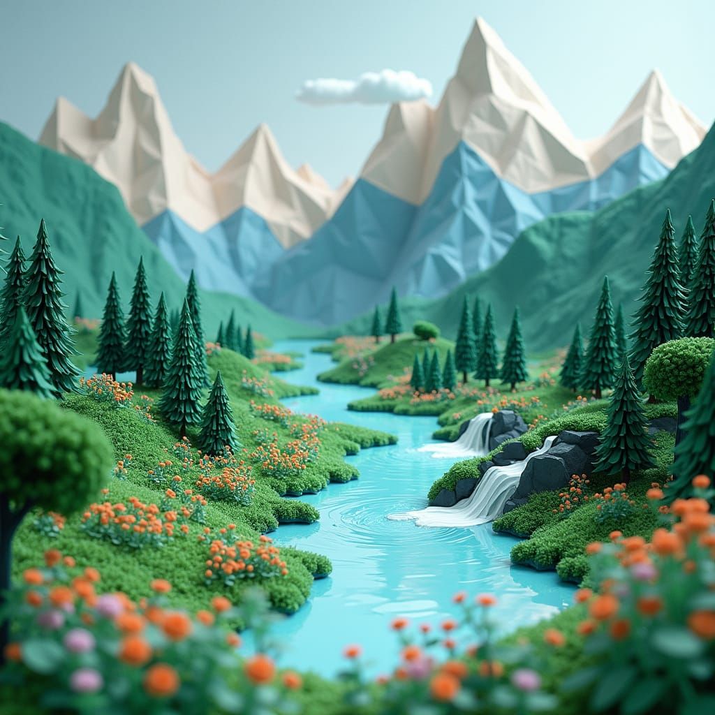 art by Akira Yoshizawa and Tomoko Fuse, serene origami mountain range ...