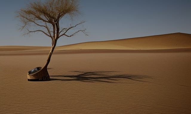 A cardboard box with a tree growing out of it, standing in a desert and ...