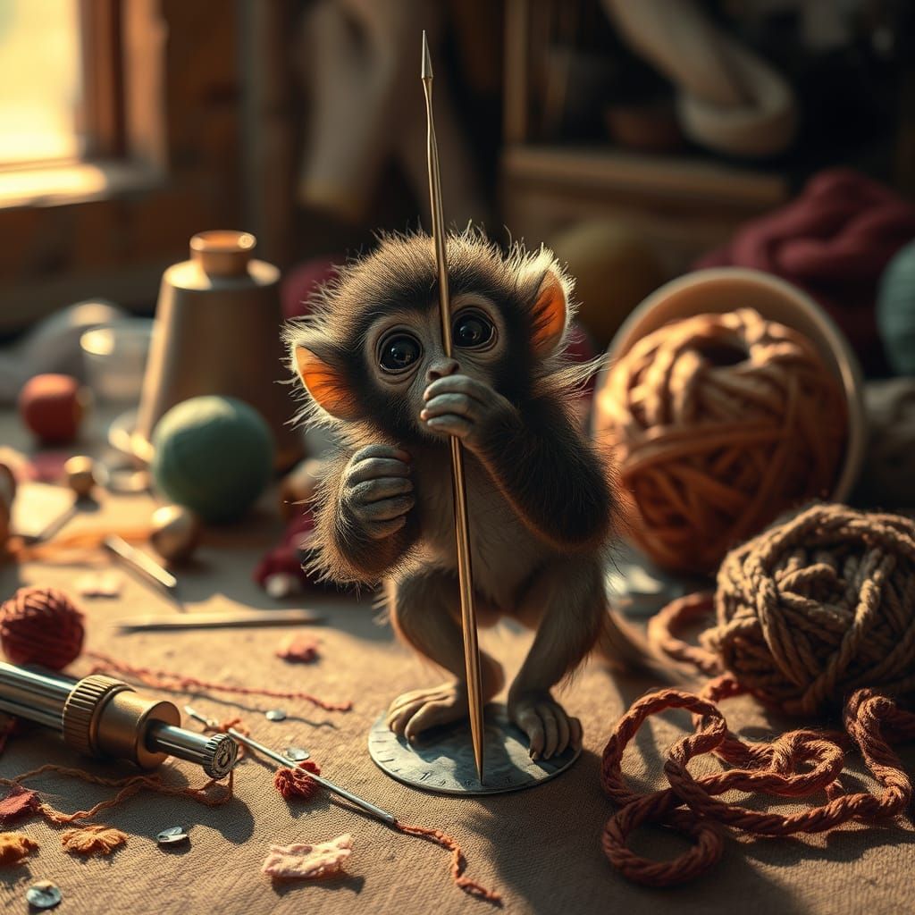 Mini Monkey - Furry Monkey Cowering on a Cluttered Sewing Ta...