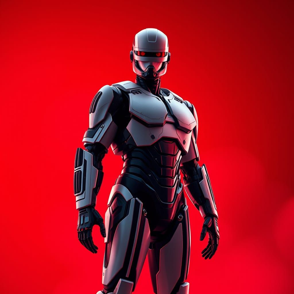 Robocop in Cyberpunk Latex Suit on Red Background - AI Art