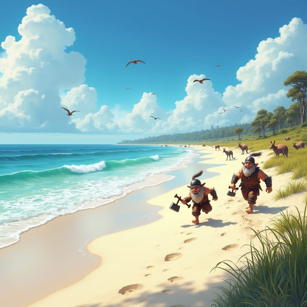 Australian Beach Scene with Dwarves and Kangaroos - AI Art