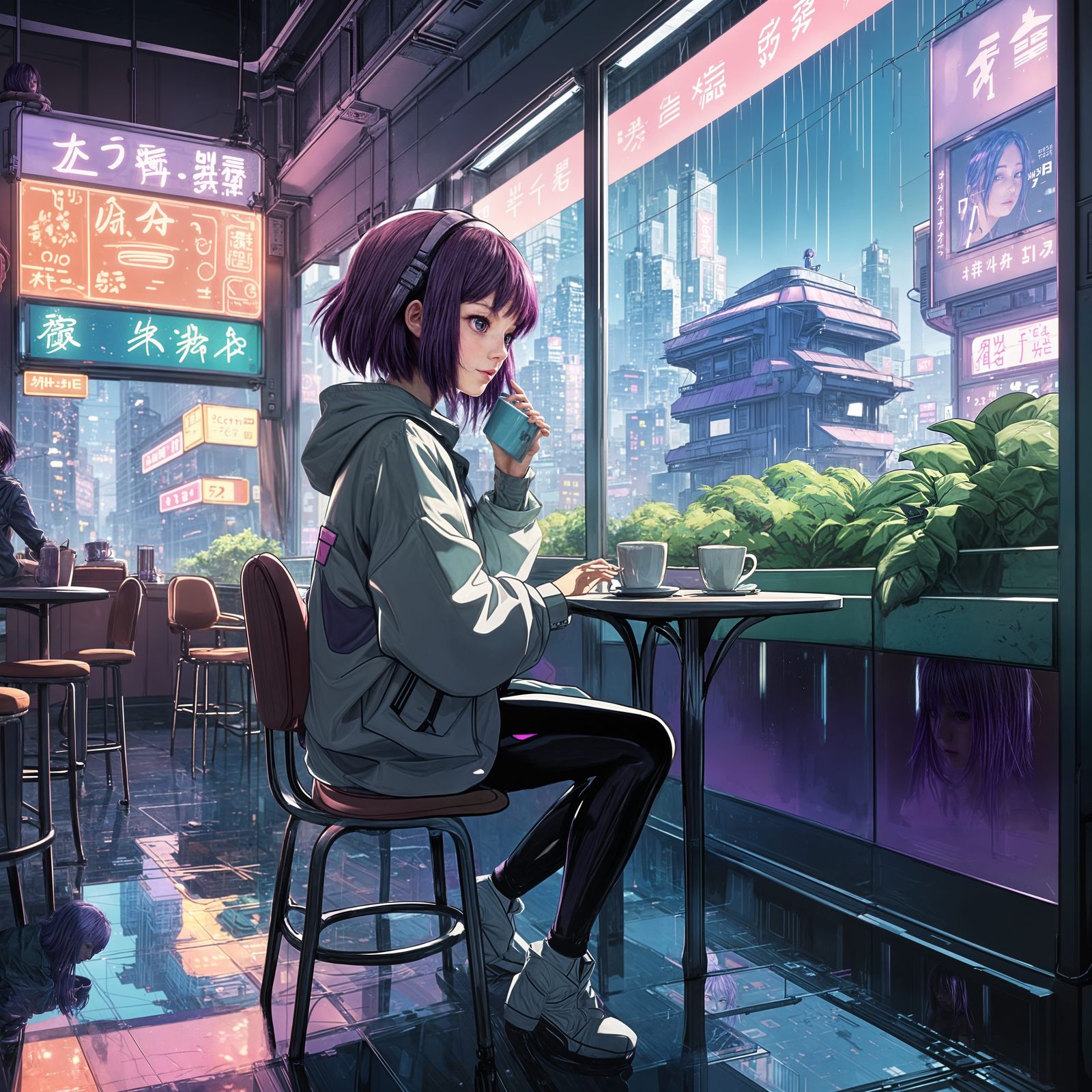 Surreal Anime Girl Sips Coffee in NeoTokyo Cafe - AI Art