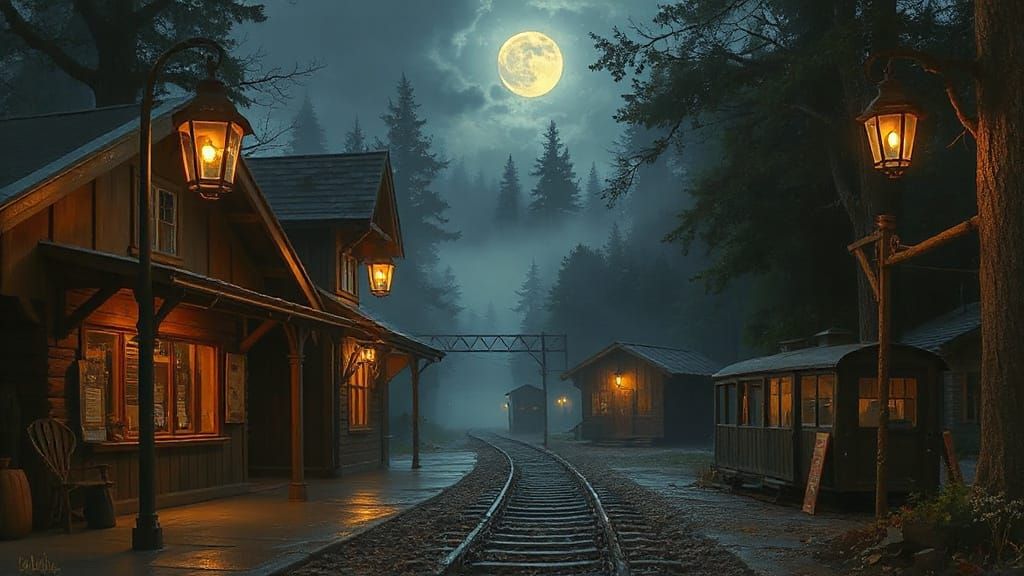Mysterious Transylvanian Train Station at Night - AI Art