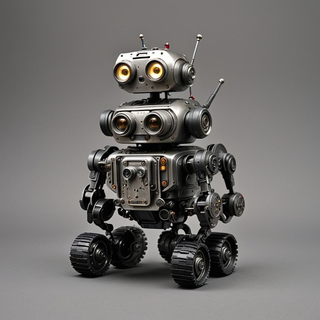 A small, metallic, multi-functional robot with a design inspired by a ...