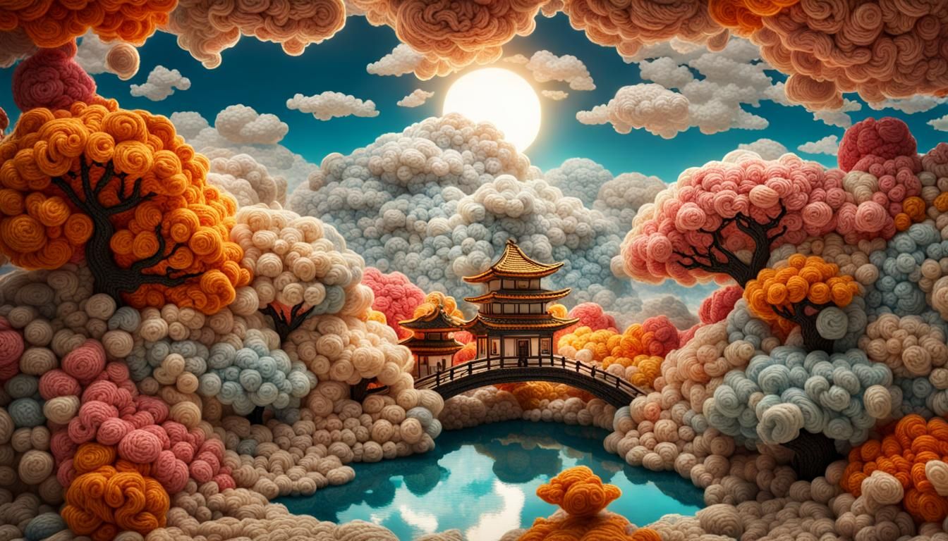 a centered shot of a crocheted Japanese landscape, crochet sun and ...