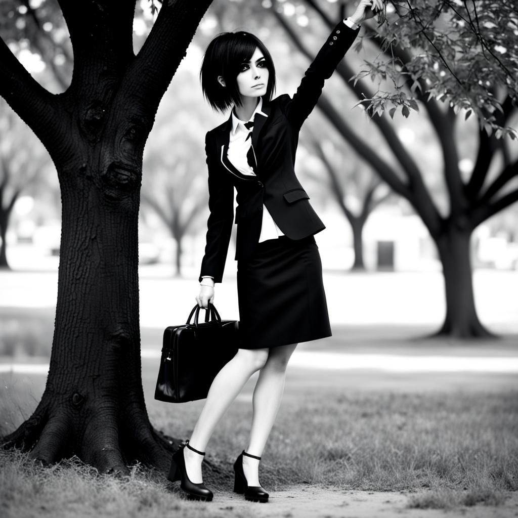 Black and white, emo girl, business suit, under a tree tilt shift - AI ...
