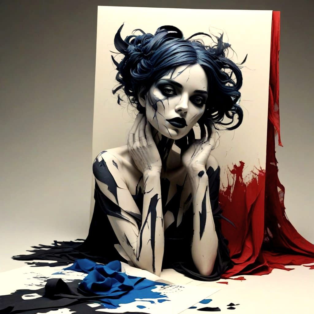 Distressed Human Female Portrait in Mixed Media - AI Art