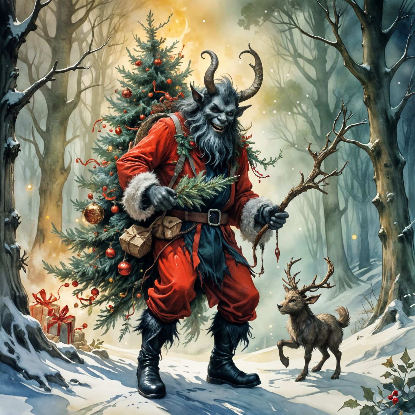 Krampus and sidekick stealing a Christmas tree and gifts