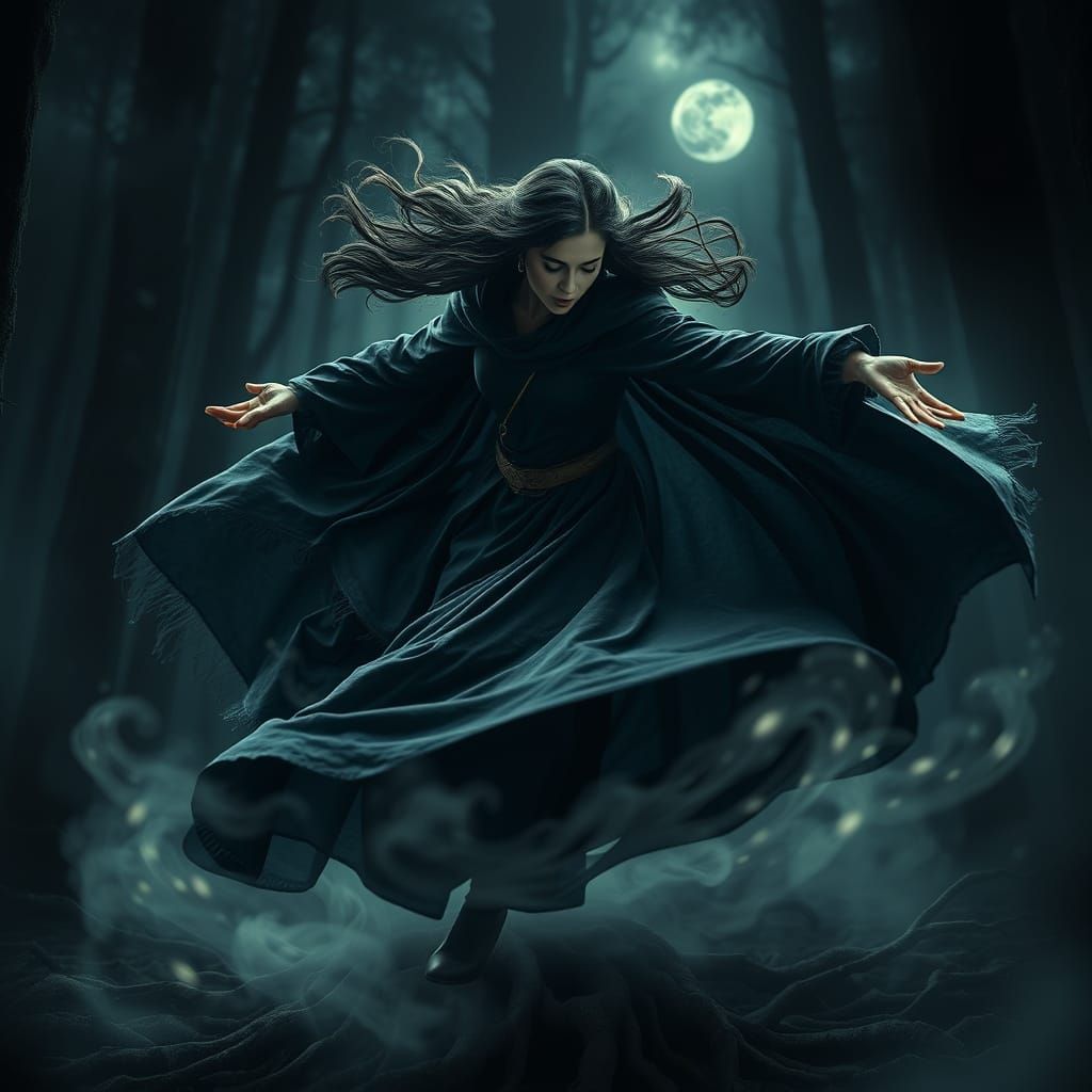 A dynamic shot of Morgana in mid-motion, spinning with her arms ...