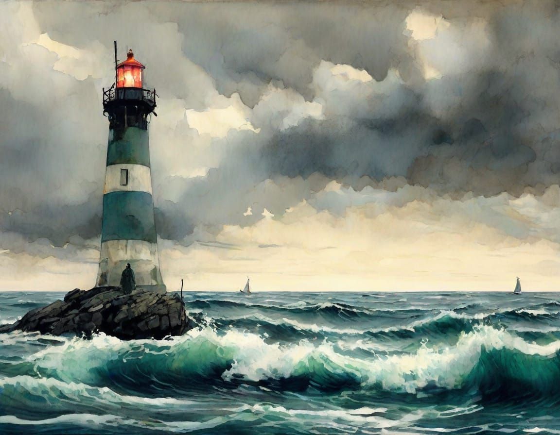 Lighthouse Keeper Stands Firm Against Turbulent St... - AI Art