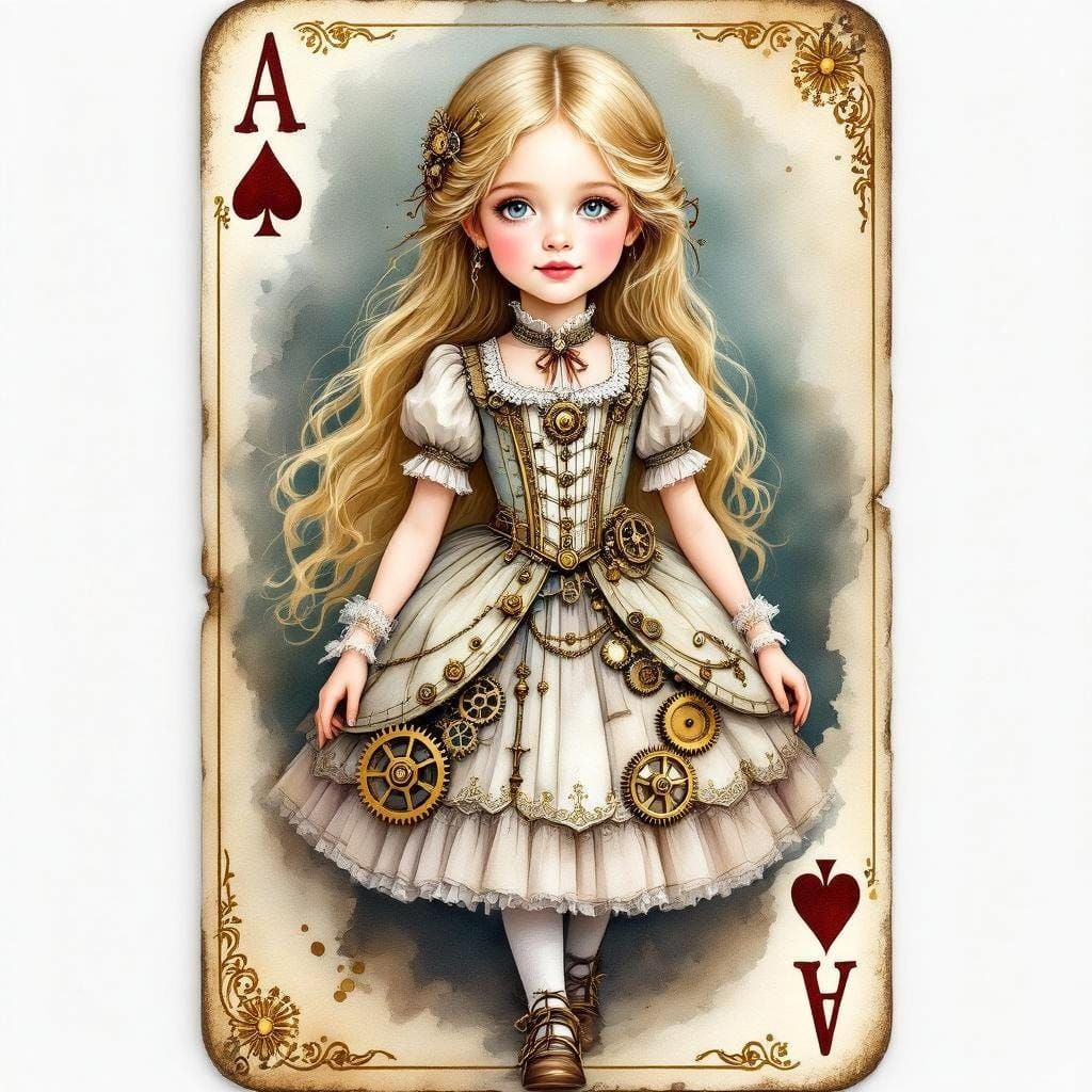 emerging from a tattered, oversized playing card adorned with gilded ...