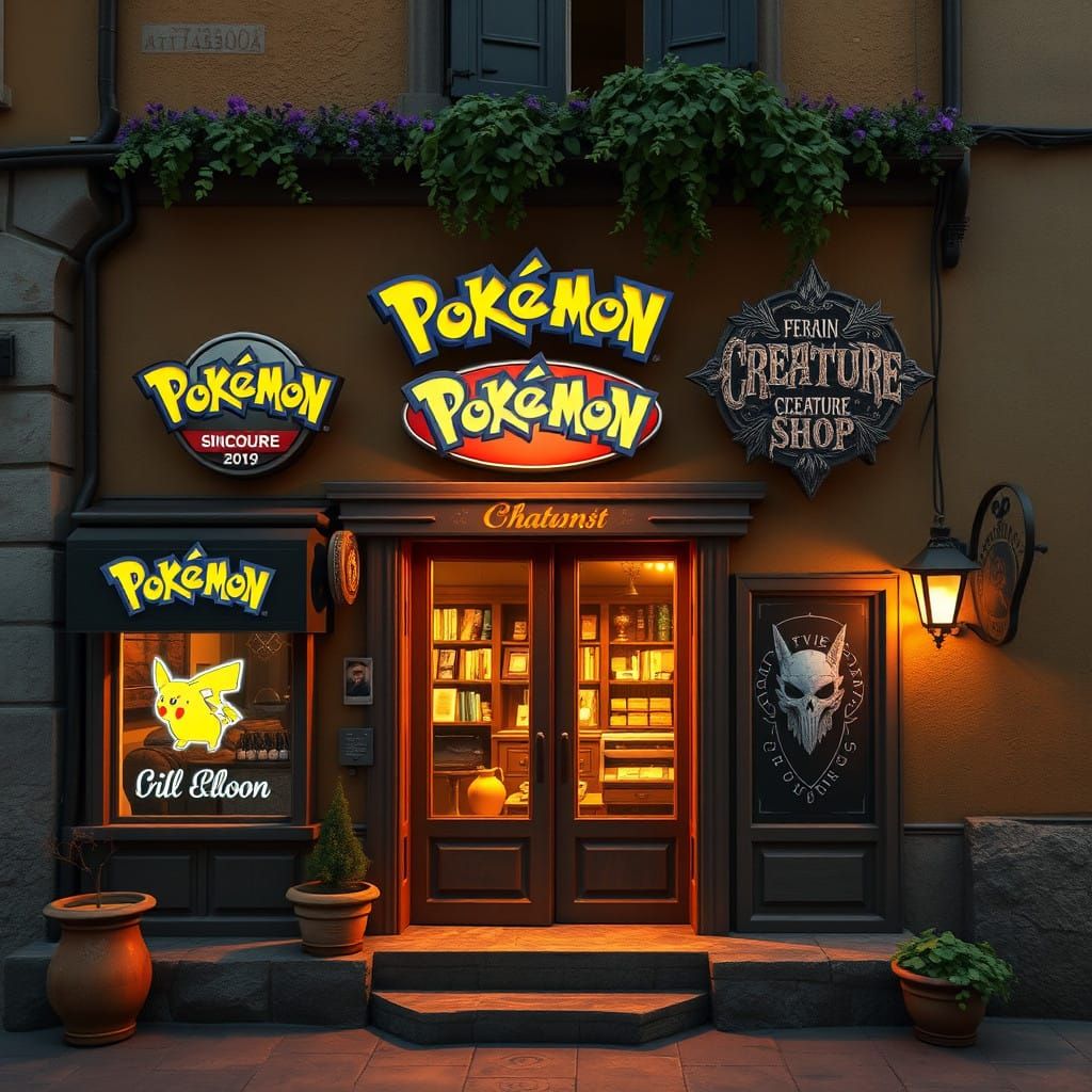 Pokémon Shop - Rustic Italian Pokémon Shop Facade in Vibrant...