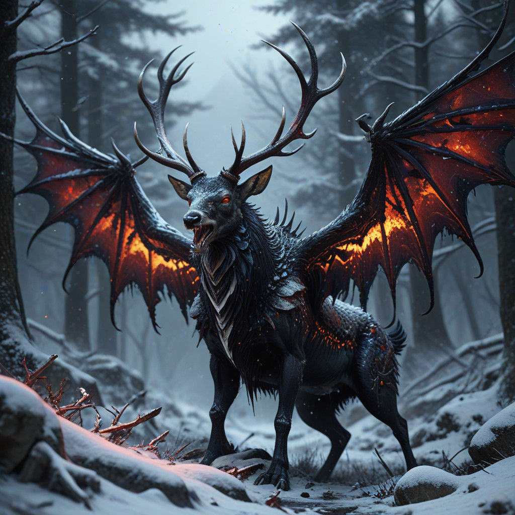 Carnivorous flying deer - Angry Stag with Wings in Triadic C...