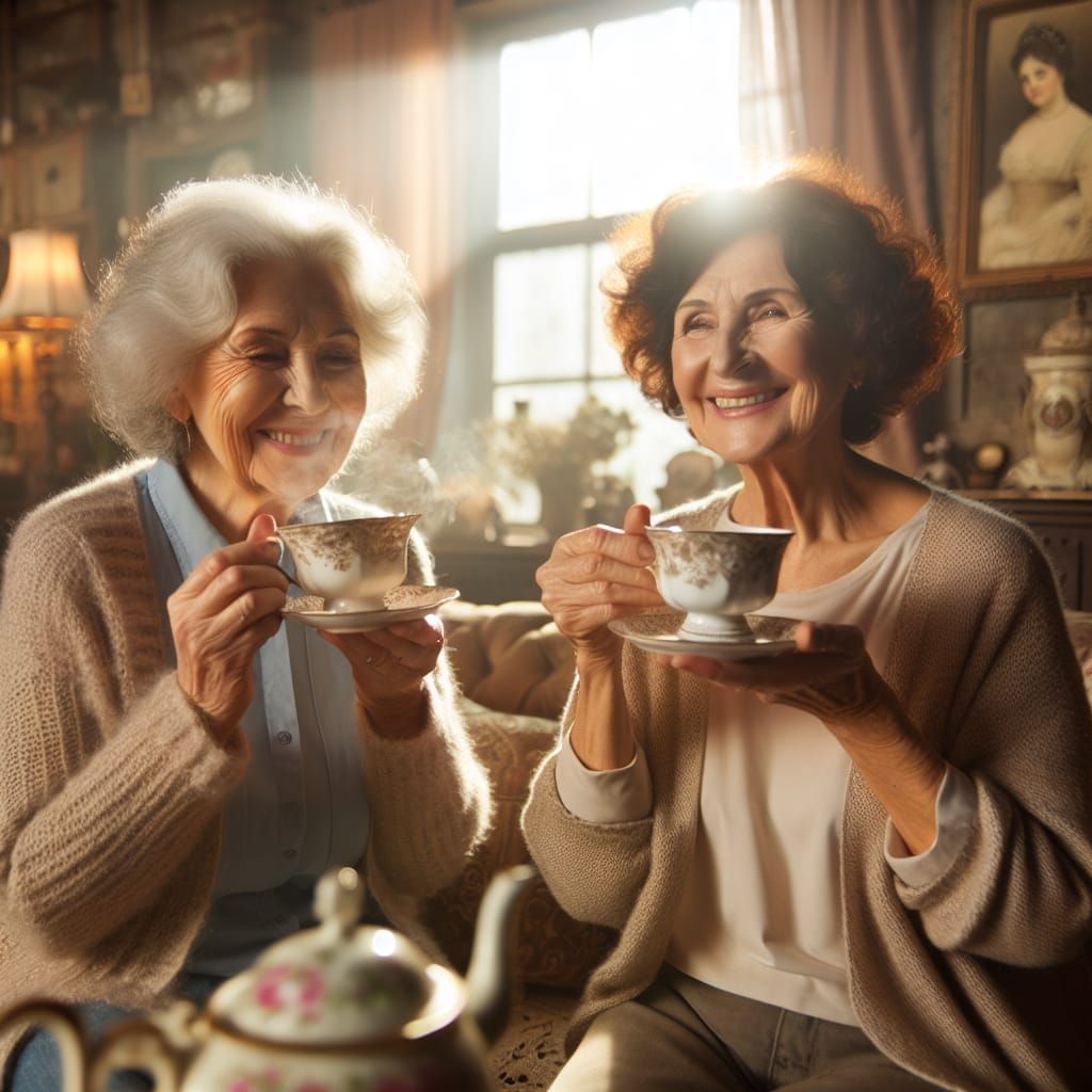 International tea day , two old lady friends enjoying cups of tea ...