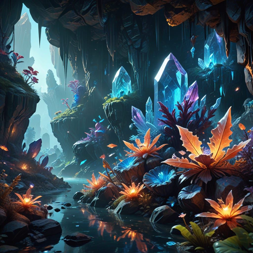 Surreal Cave Radiant with Iridescent Crystals and ... - AI Art