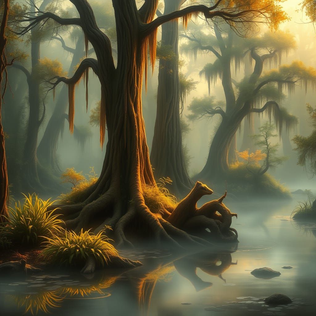 swamps - Enchanted Cypress Swamp in Dreamy Golden Light