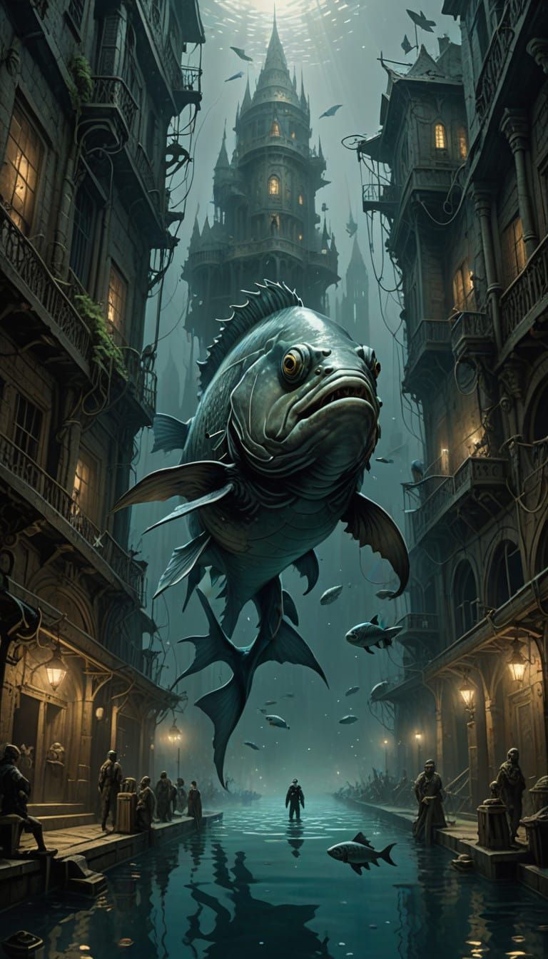 Humanoid Fish in a Haunting Underwater Metropolis - AI Art