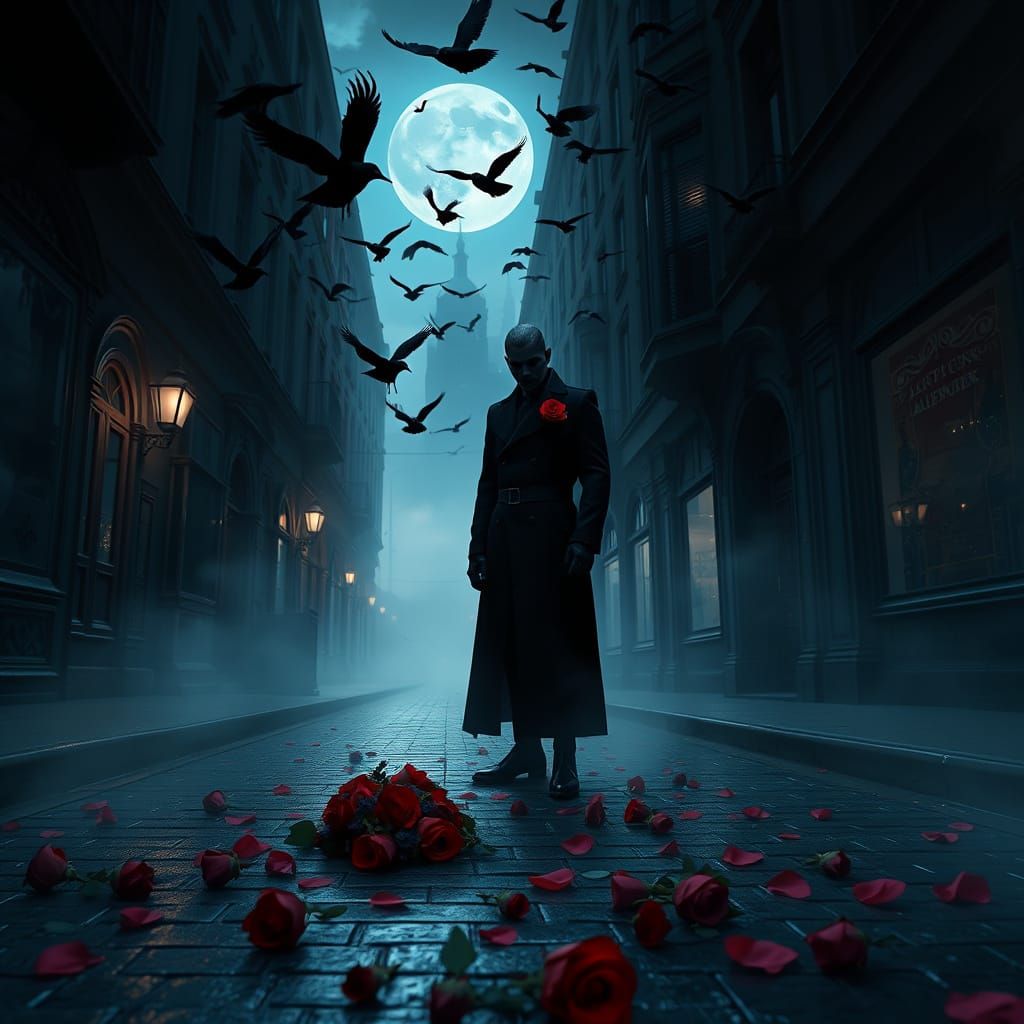 Valentines, crows, red and blue roses