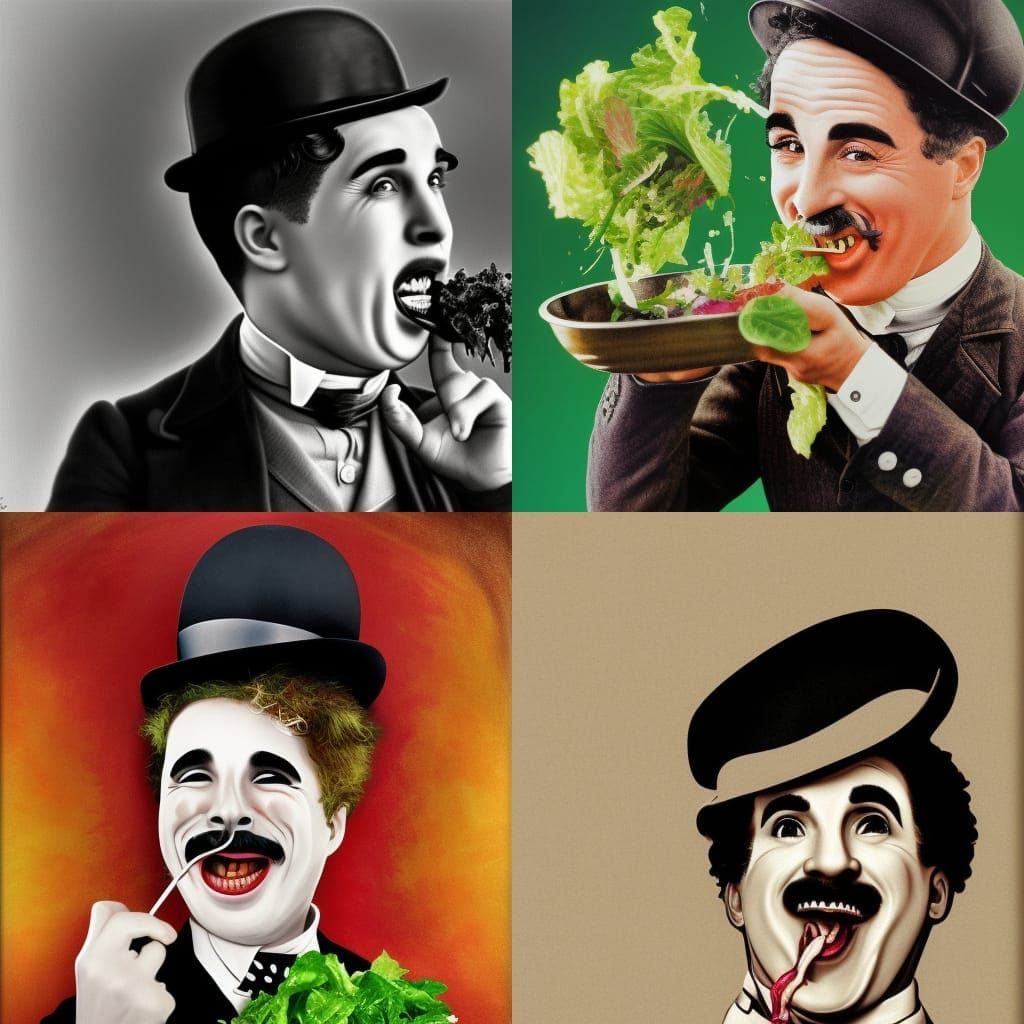Charlie Chaplin laughing eating salad - AI Generated Artwork ...