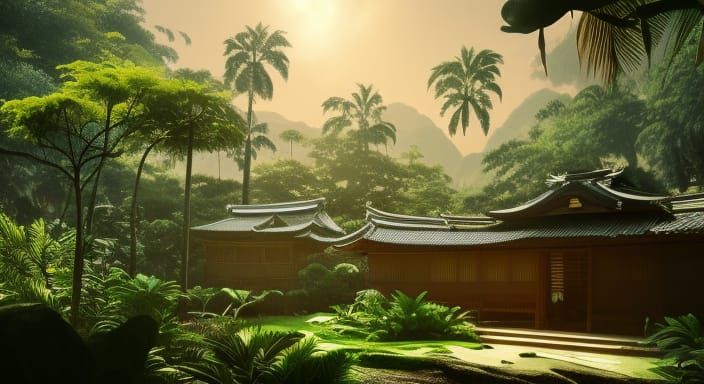 Old japanese architecture ancient abode in a jungle, surrounded by palm ...