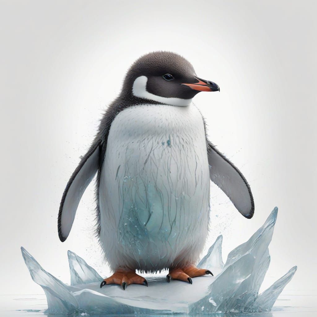 Surreal Penguin Chick in Ethereal Antarctic Ice Landscapes