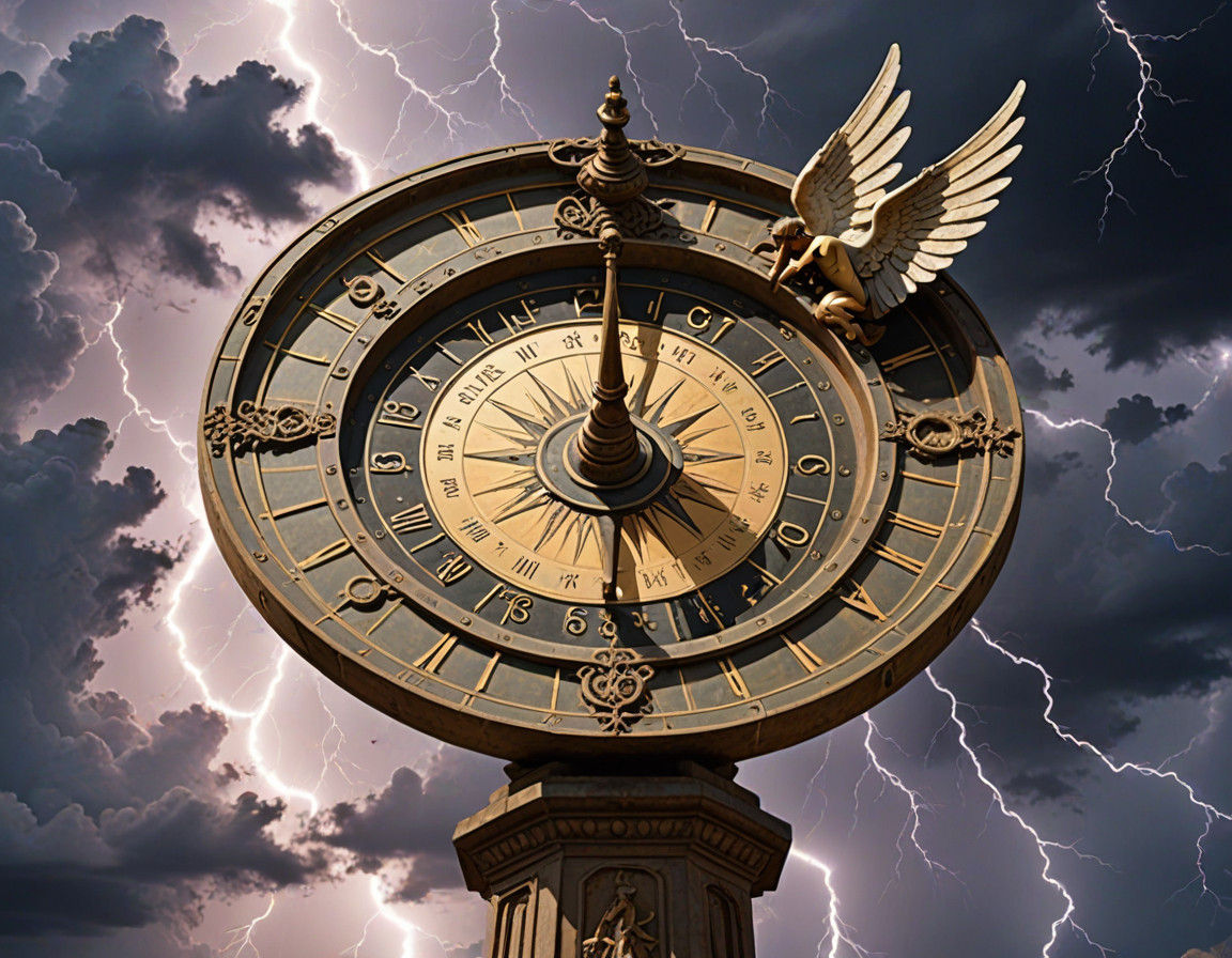Ethereal Sundial Angel Caught in Time as Lightning... - AI Art
