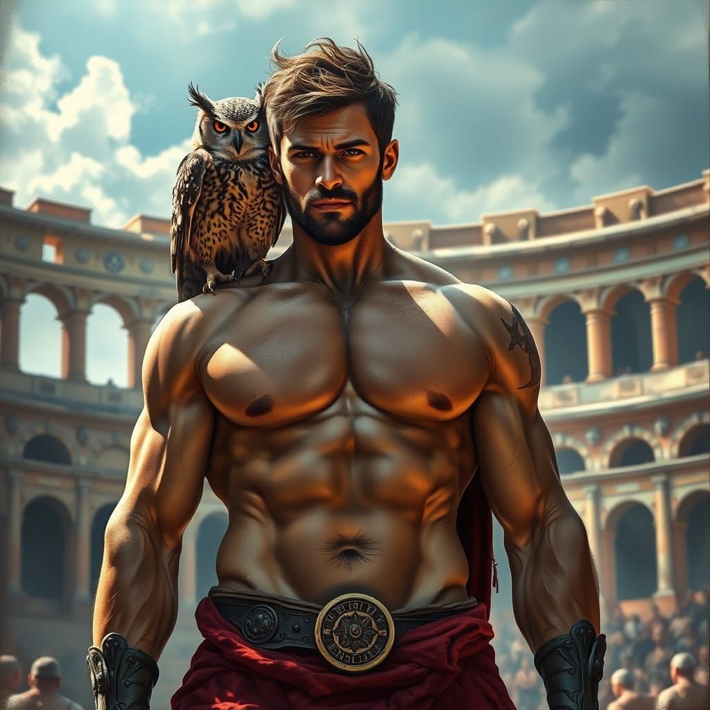 gladiator with a owl - Roman Gladiator with a Majestic Owl i...