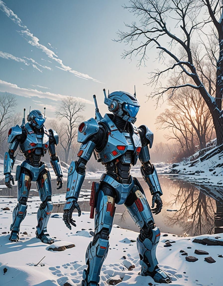 Cyborg Scientists Examine Gritty Mech Battlefield - AI Art