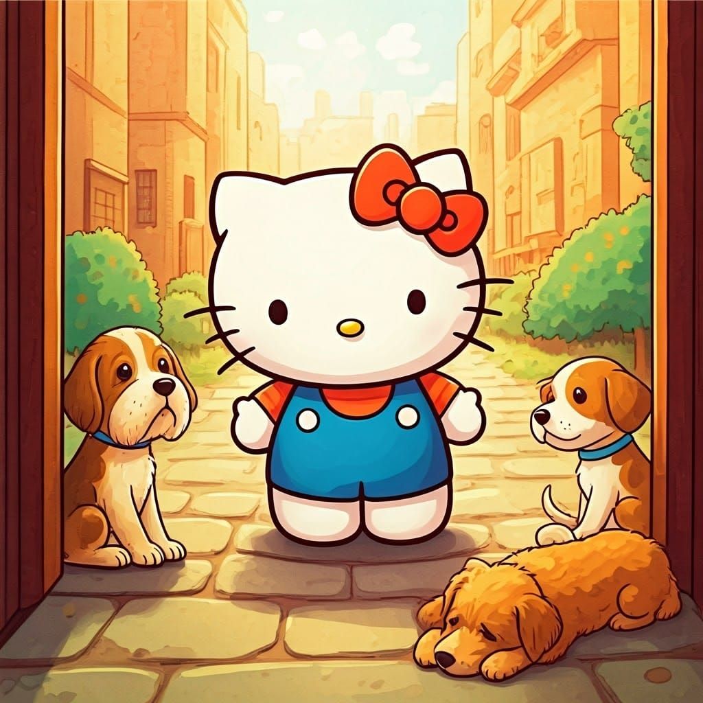 Hello kitty - Vibrant Hello Kitty Meets Playful Dogs in Whi...