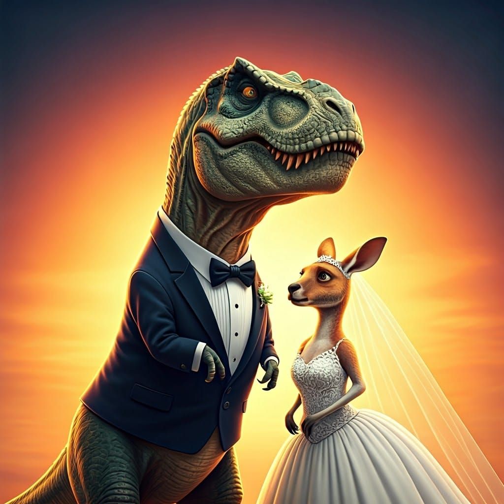 Regal T-Rex and Kangaroo Celestial Wedding - AI Art
