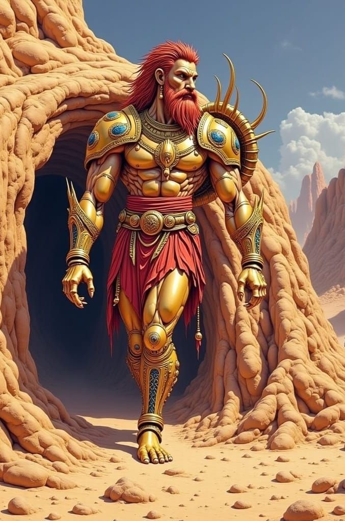 Portrait of Gilgamesh leaving his cave. Desert in background. Vibrant ...