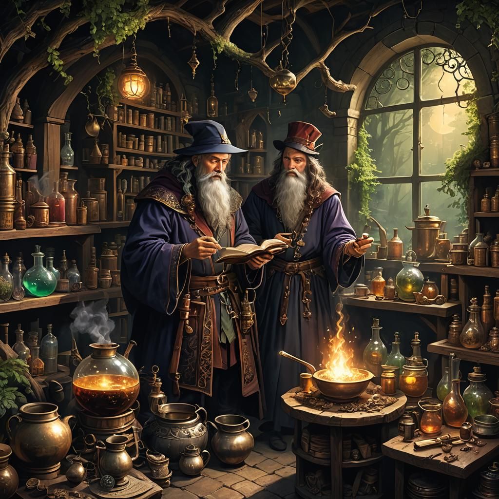 An alchemist who brews potions in a hidden forest glade, summoning ...