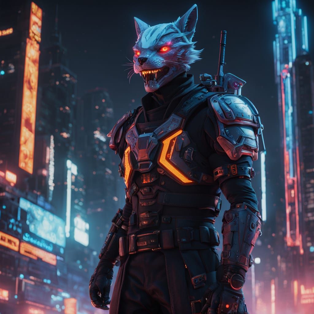 Cyberpunk Ninja God Overlooks Dark Neon Cityscape - AI Art