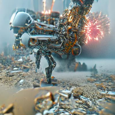 half robot human with explosion in background - AI Generated Artwork ...