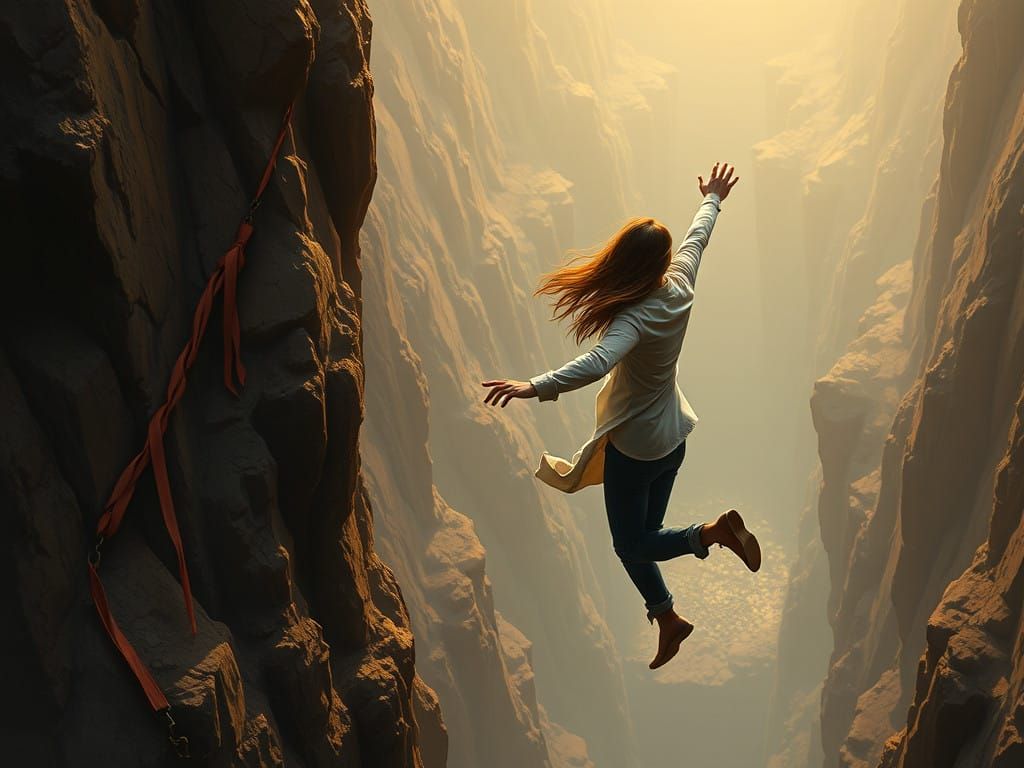 Heroic Woman Saves Man from Bottomless Pit in Harr... - AI Art