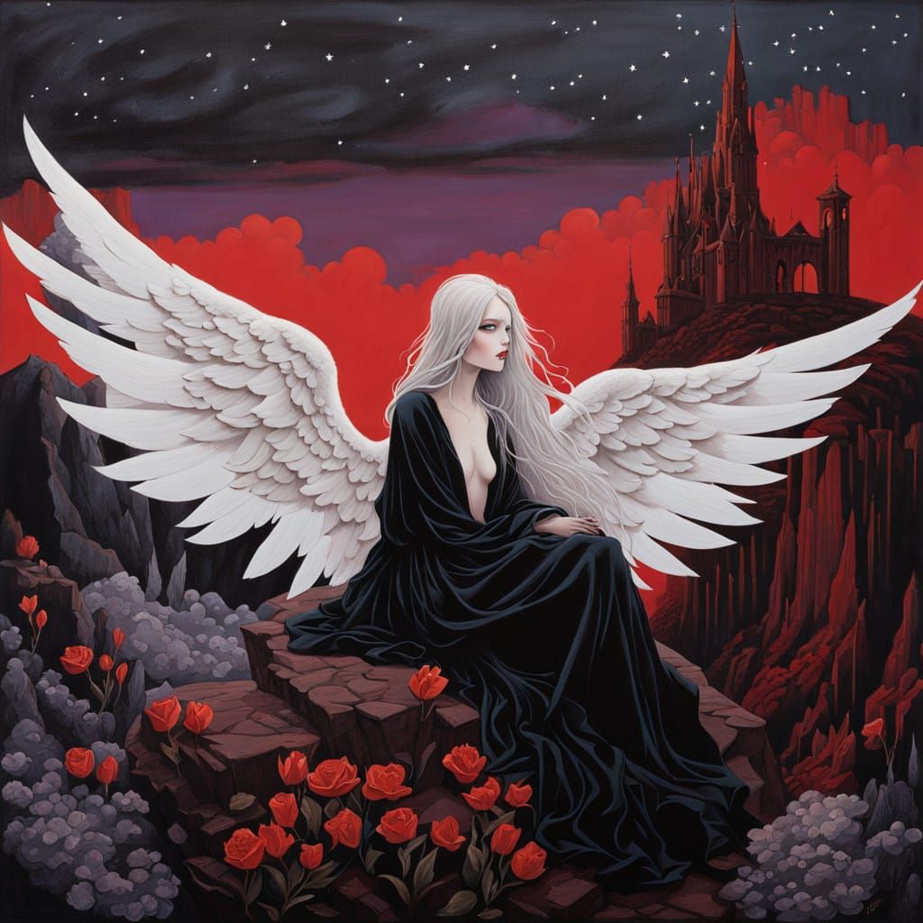 (fallen angel smoking a cigarette, drooping white wings tattered and ...