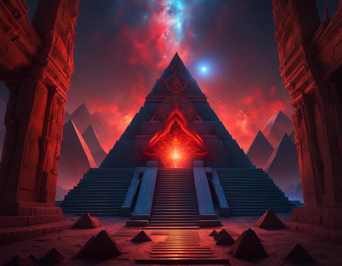 Ritual in a pyramid temple, night sky, chaos, infinity symbol, a ...