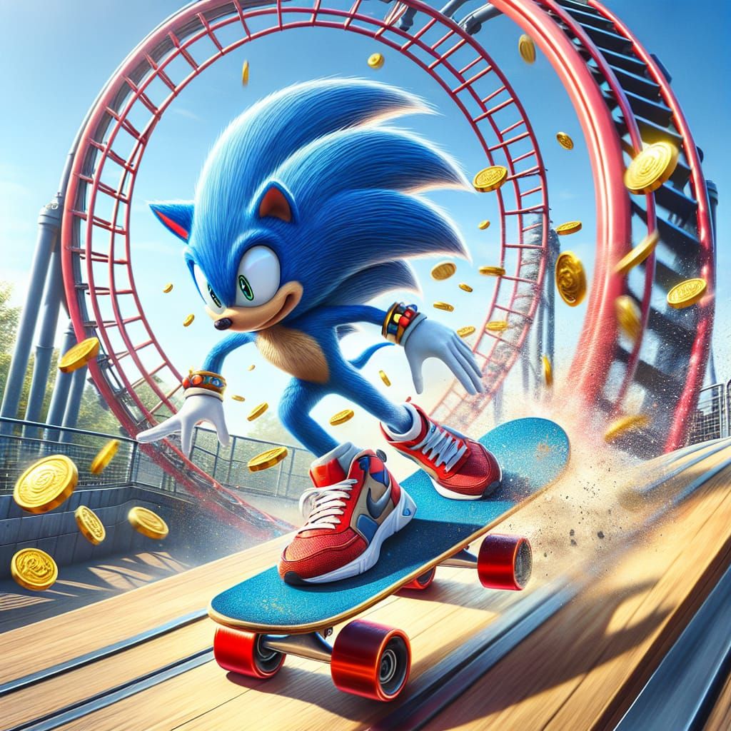 Sonic the hedgehog on a skateboard, whizzing through a loop-the-loop ...