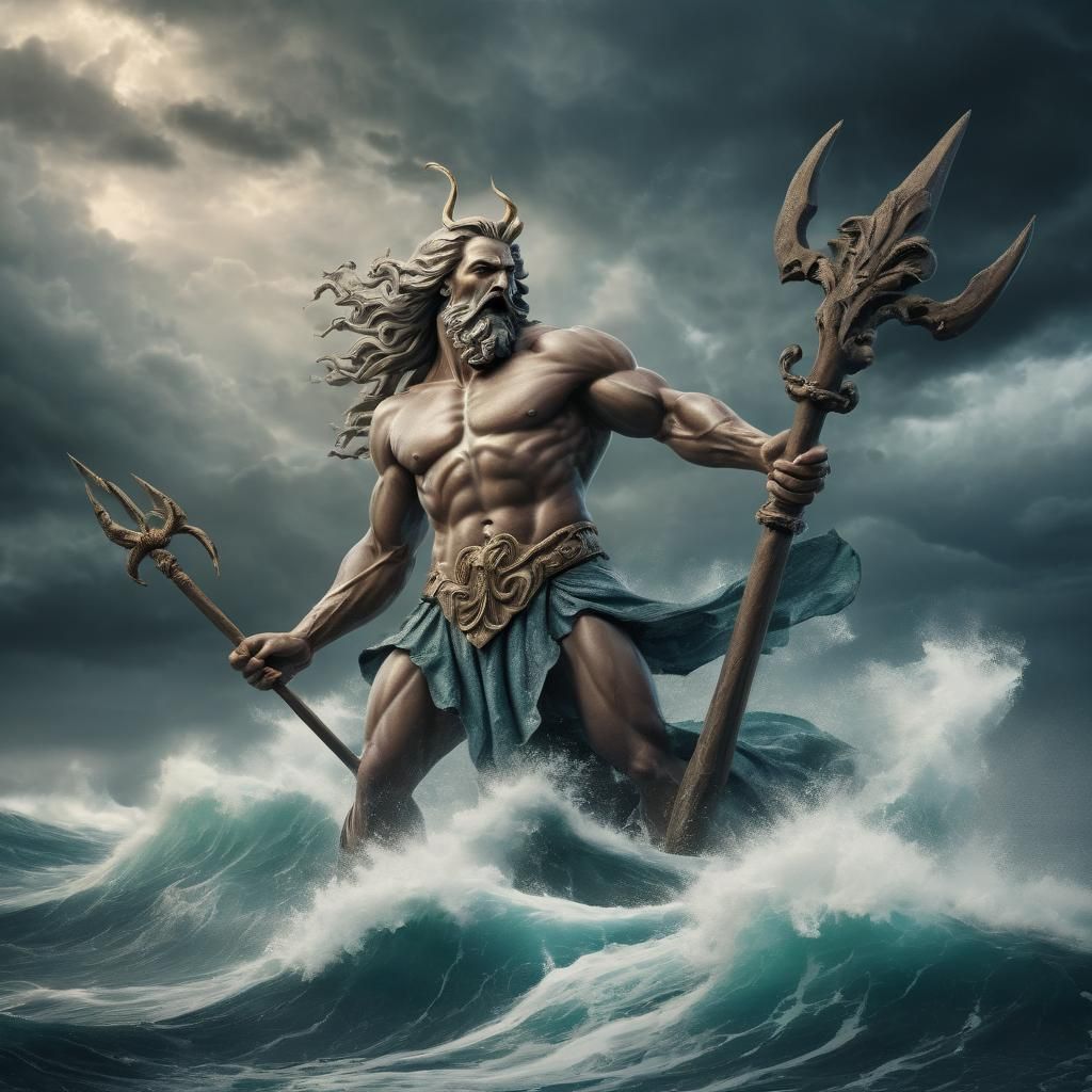 Poseidon with his Trident raging the ocean waves, sailing ships, stormy ...