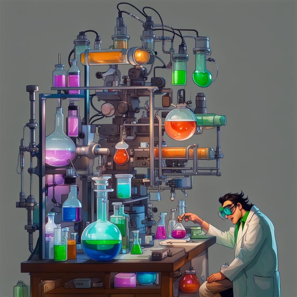 male mad scientist, brown shirt, white lab coat, black hair, goggles ...