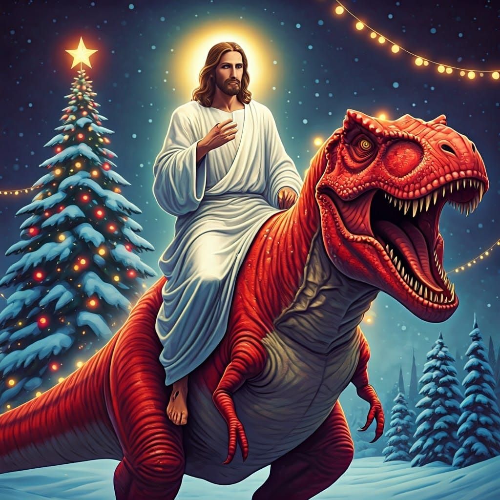 Jesus Christ Rides Christmas T-Rex in Vibrant Wint... - AI Art