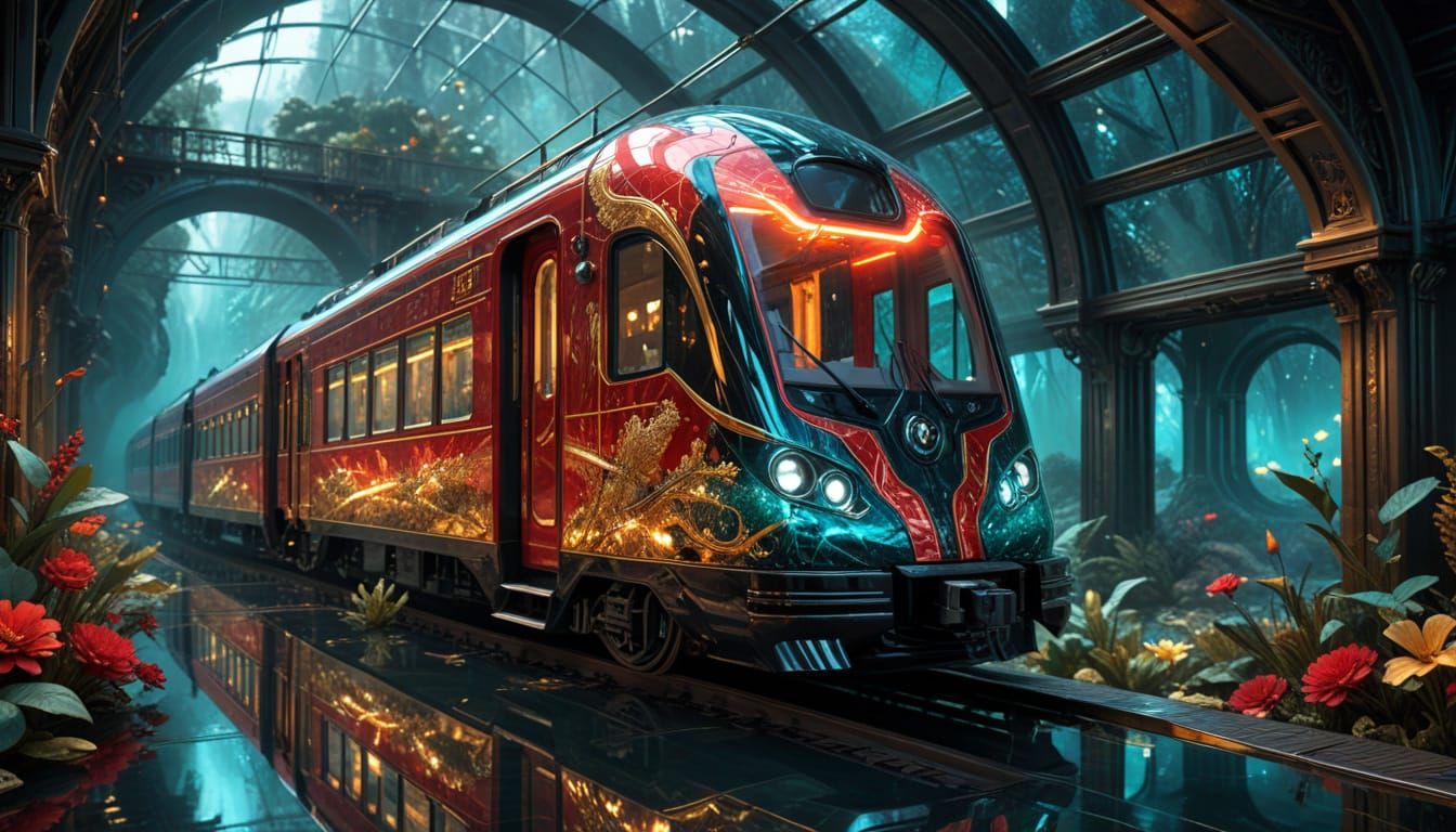 A small, transparent, futuristic train made of glass