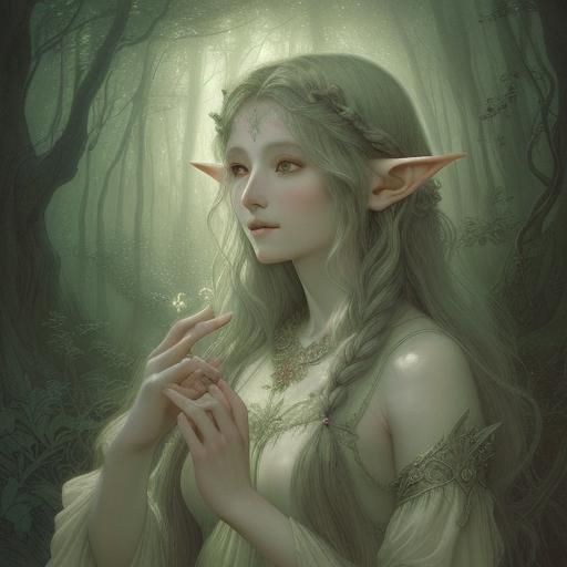 16k resolution, art by Warwick Goble, Gustave Doré, mystical elf figure ...