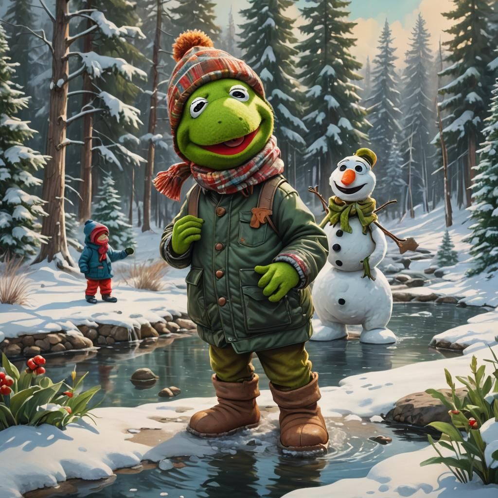 Kermit as kid in the snow - AI Generated Artwork - NightCafe Creator