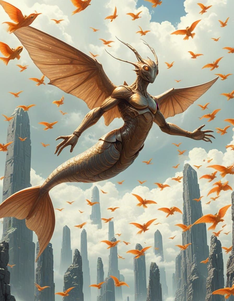 Flying Merman in Sci-Fi Landscape with Towering Mo... - AI Art