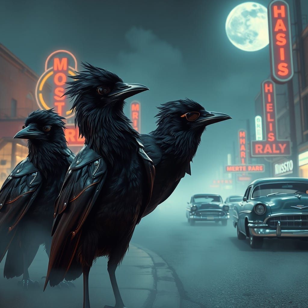 Retro-Futuristic Crow Greasers Under the Moonlit S... - AI Art
