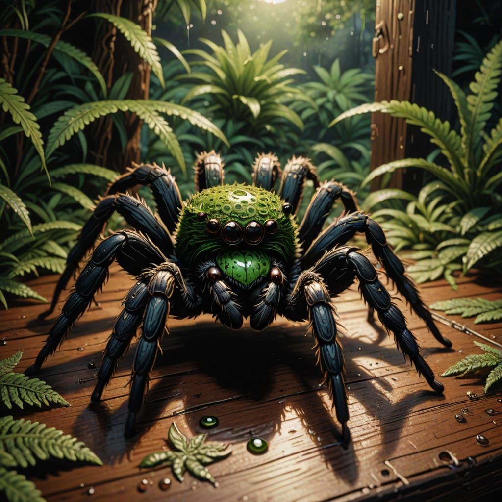 Giant Tarantula on Wooden Table with Dew Drops and... - AI Art